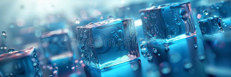 Dynamic Composition of Blue Ice Cubes with Water Droplets, Creating a ...