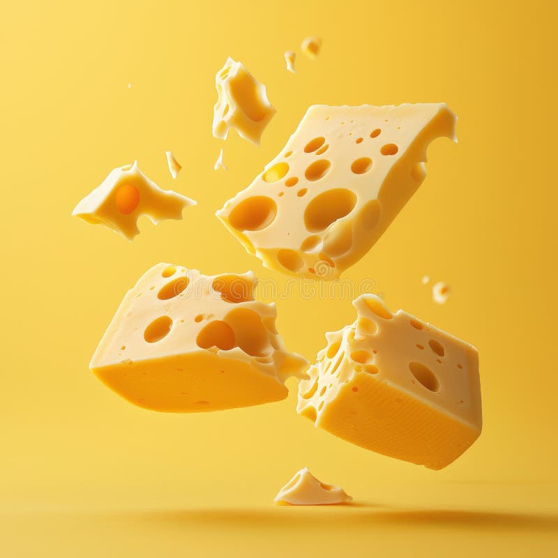 A Dynamic Composition of Floating Cheese Cubes with Holes Set Against a ...