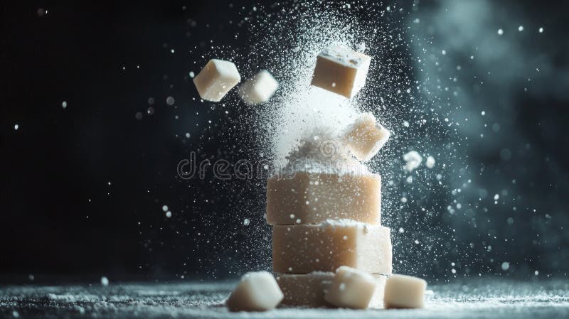 Flying Sugar Cubes with Powdered Sugar in a Dramatic Setup Stock Image ...