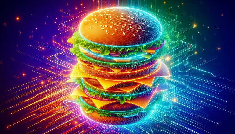 Dynamic Composition of Glowing Burger Layers, Each Floating Separately ...
