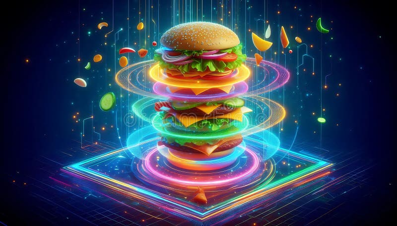 Dynamic Composition of Glowing Burger Layers, Each Floating Separately ...