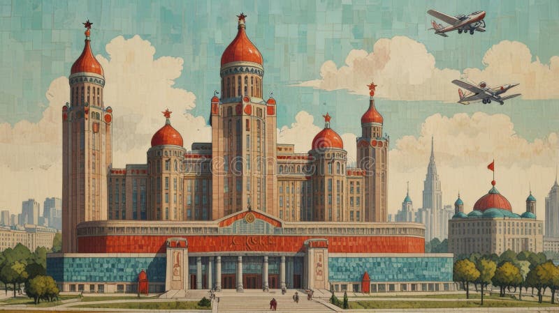 Mosaic in Soviet Avant-Garde Style with Airplanes and Retro Futuristic ...