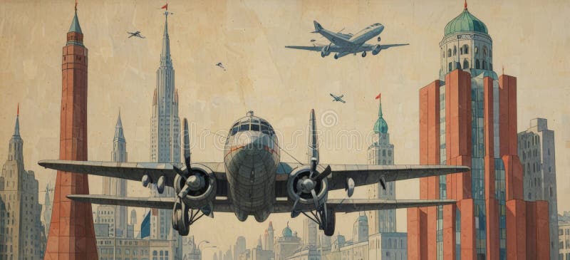 Mosaic in Soviet Avant-Garde Style with Airplanes and Retro Futuristic ...