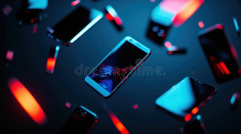 Futuristic Floating Smartphones with Neon Blue and Red Lights Stock ...