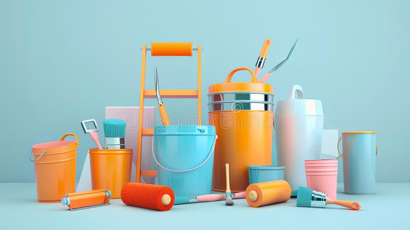 A Dynamic Composition of Paint Supplies and Tools, Including Paint ...