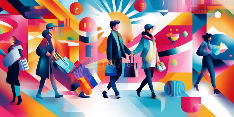 A Dynamic Composition of People Shopping, Surrounded by Colorful ...