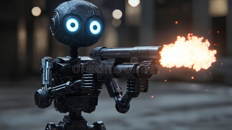 Dynamic Composition of a Robot Holding a Futuristic Weapon, Facing ...