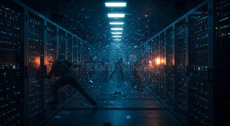 Explosive Breach Inside a Dark Server Room with Figures Fleeing the ...