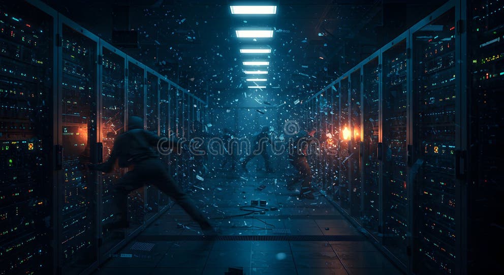 Explosive Breach Inside a Dark Server Room with Figures Fleeing the ...