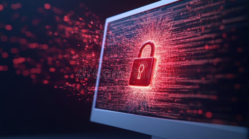 A Dynamic Concept of Computer Monitor Displaying Glowing Padlock Symbol ...