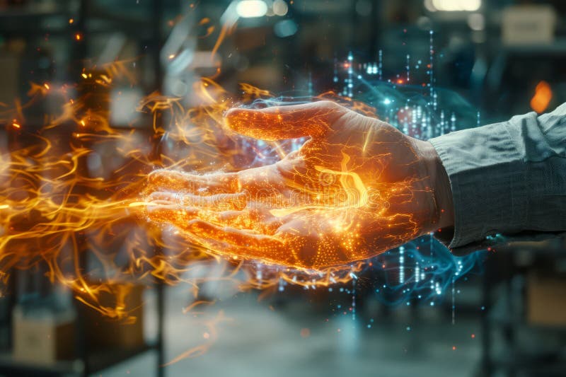 Dynamic Conceptual Image of a Hand with Fiery and Digital Effects ...