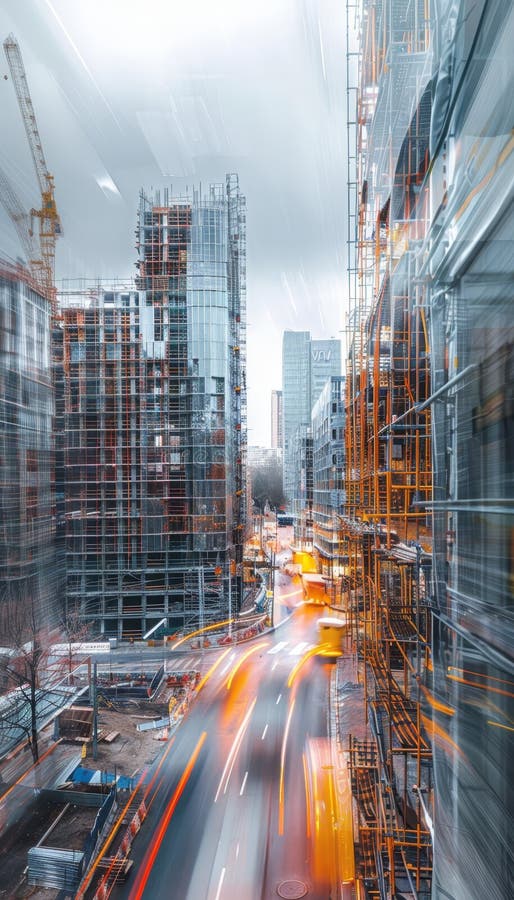 Dynamic Construction Scene Blurred Urban Background Showcasing Ongoing ...