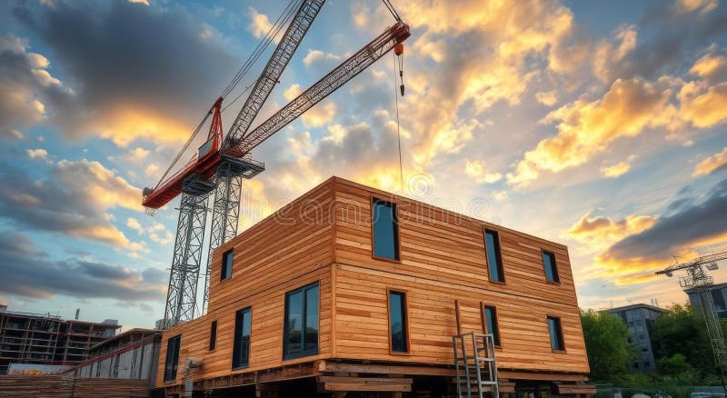 Dynamic Construction Scene with a Crane Elevating a Modular Wooden ...