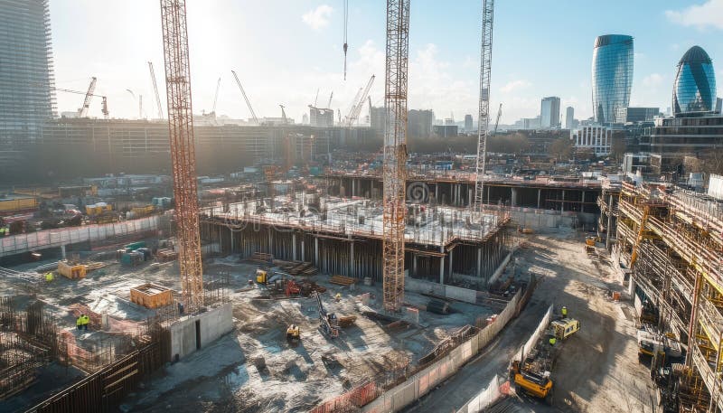 Dynamic Construction Scene Featuring Multiple Tower Cranes in Action at ...