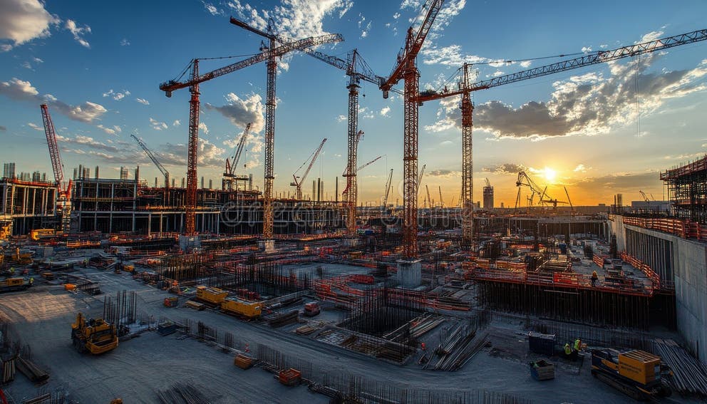 Dynamic Construction Scene Featuring Numerous Tower Cranes Against the ...