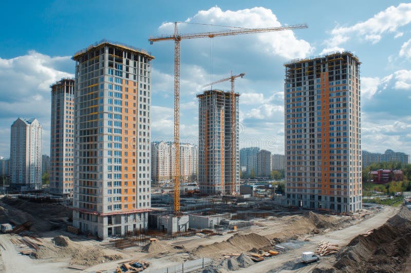 Dynamic Construction Site with Cranes and Multi Storey Buildings Under ...
