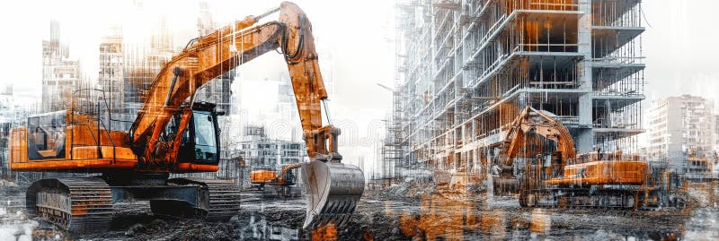 Dynamic Construction Site with Excavators and Trucks Engaging in ...