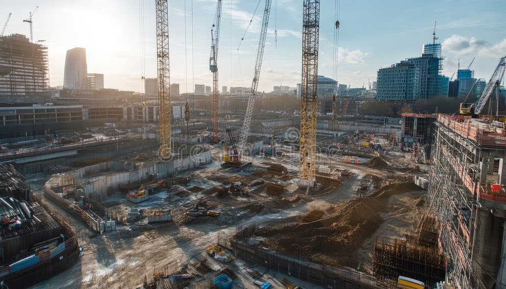A Dynamic Construction Site Featuring Multiple Tower Cranes Towering ...
