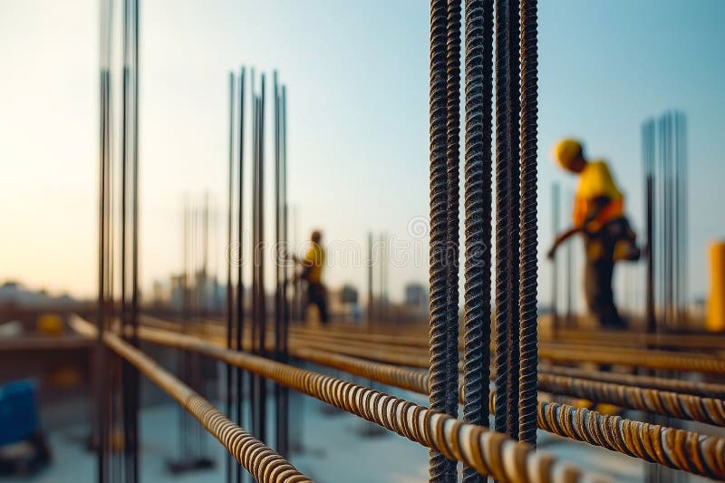Construction Workers on Site Overseeing Steel Rebar Framework Stock ...