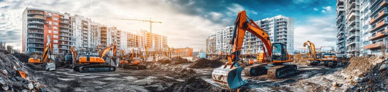 Dynamic Construction Site Showcasing Excavators and Trucks Amidst ...