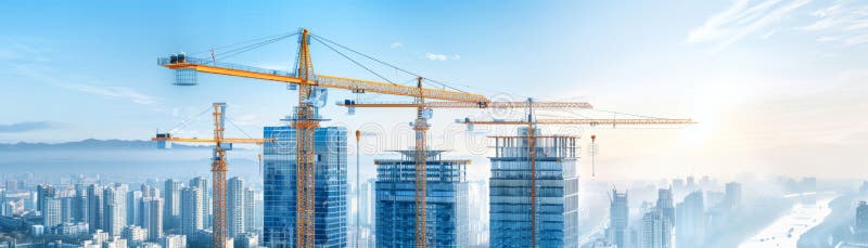 Dynamic Construction Site of a Skyscraper with Cranes in Action Against ...