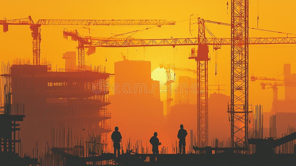 Dynamic Construction Site at Sunset with Workers and Cranes in Action ...