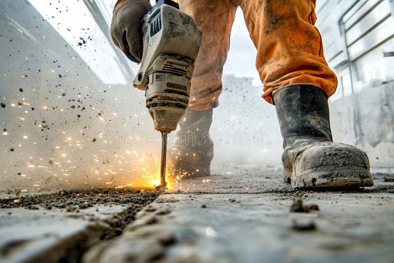 Dynamic Construction Worker Powerfully Breaking Concrete with ...