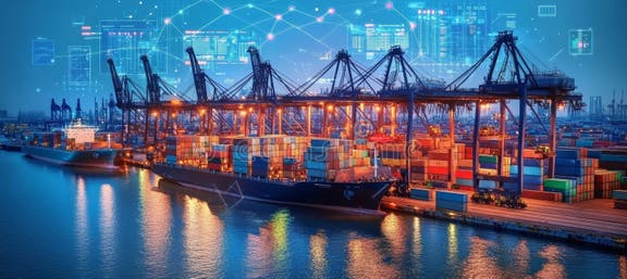 Dynamic Container Port Scene with Cargo Ships, Cranes, Shipping ...