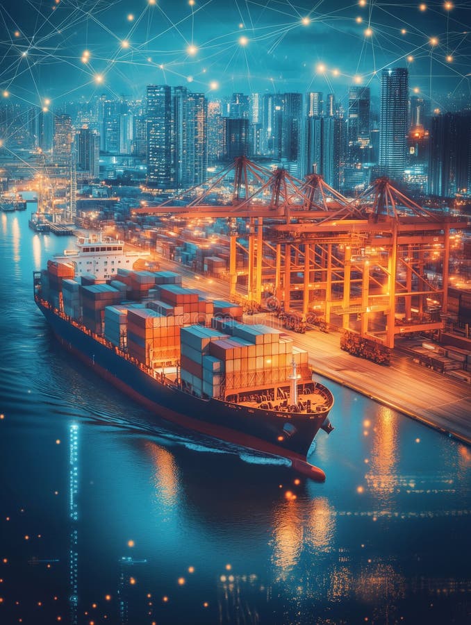 Dynamic Container Ship Navigating through Illuminated City Port at ...