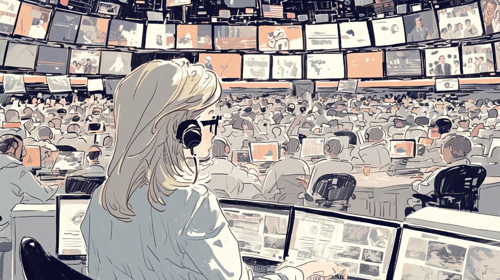 Dynamic Control Room with Operators and Monitors Showing Various Scenes ...