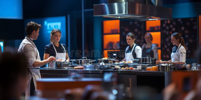 A Dynamic Cooking Competition Scene Unfolds in a Modern Kitchen. Chefs ...