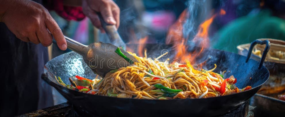 The Dynamic Cooking Process of Stir-fried Noodles in a Sizzling Wok..AI ...
