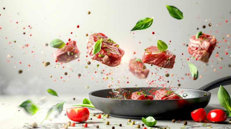 Dynamic Cooking Scene with Ingredients Floating Above a Pan, Evoking ...