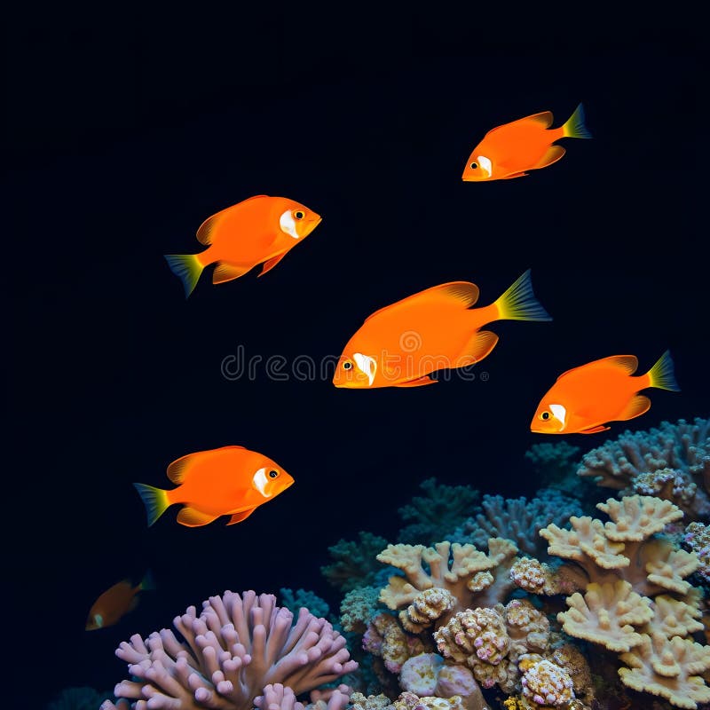 Coral Reef with Bright Orange and Red Fish Against a Dark Ocean ...