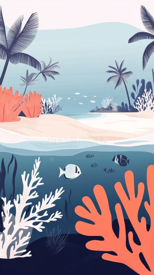 Dynamic Coral Reef Setting with a Tropical Beach and Sea Stock Photo ...