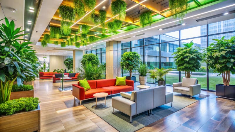 Dynamic Corporate Lobby Sleek Design Vibrant Colors and Lush Greenery ...