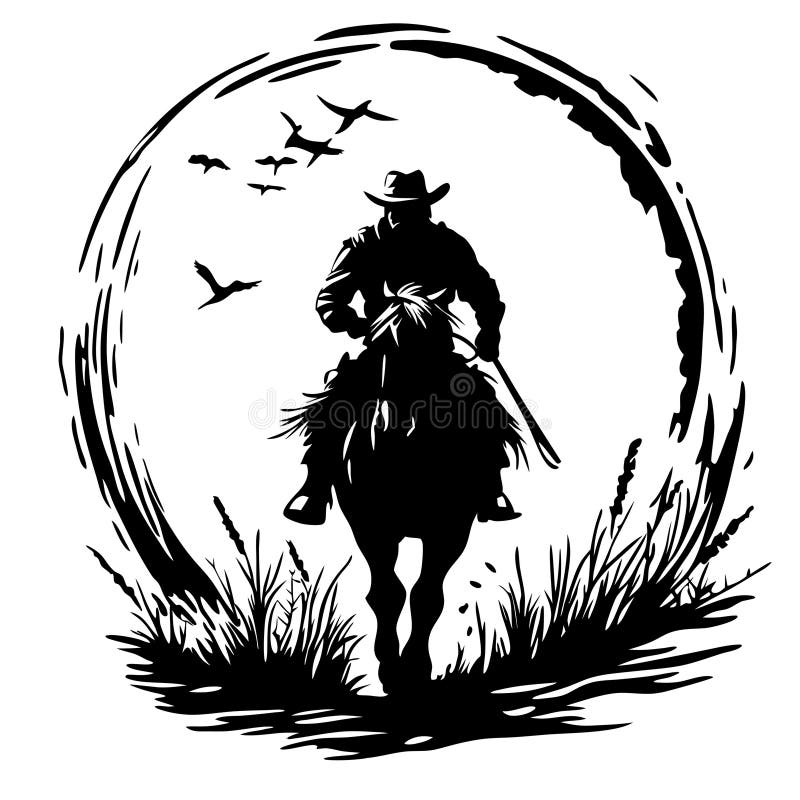 Dynamic Cowboy Rider on Horseback Surrounded by Birds in a Circular ...
