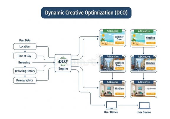 Dynamic Creative Optimization (DCO) Diagram Illustrating the Flow Stock ...