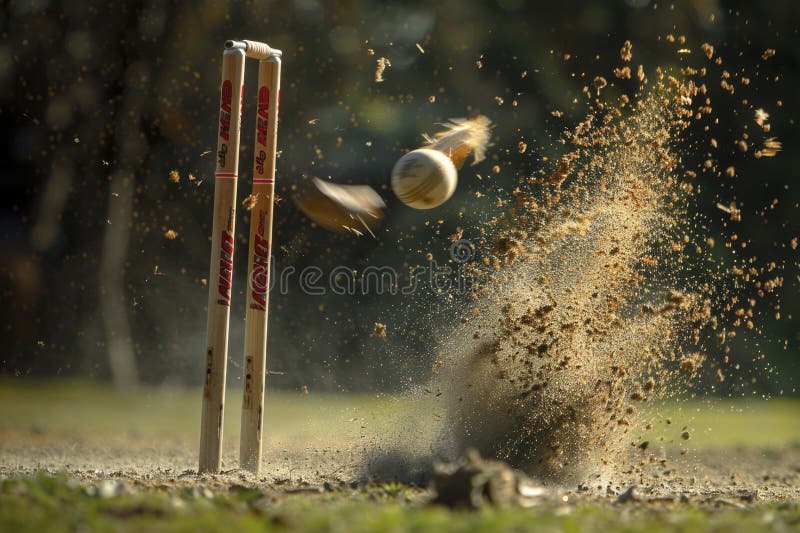 Dynamic Cricket Ball Hitting Stumps with Explosive Impact in Play Stock ...
