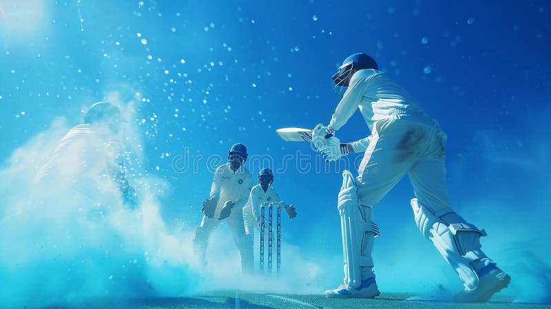 Dynamic Cricket Players in Action, Mid-pitch, on a Sleek Blue Backdrop ...