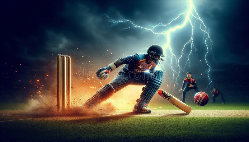 Dynamic Cricket Scene with Lightning and Action Stock Illustration ...