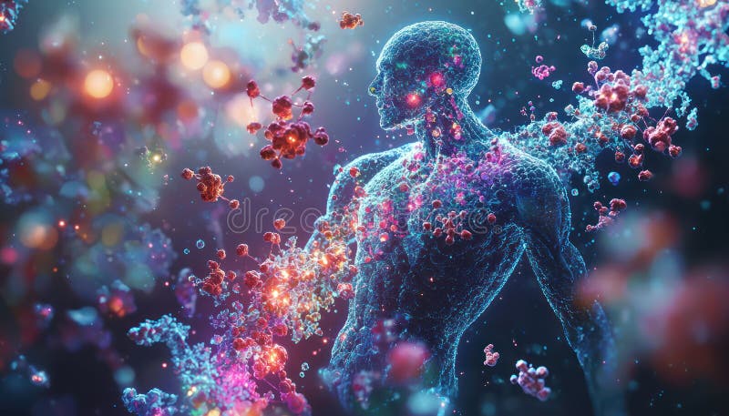 Dynamic Cross Section of Human Body Showcasing Molecular Interactions ...