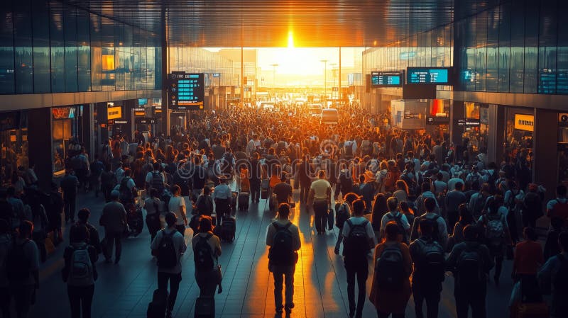 Dynamic Crowd Scene at Sunset in Busy Airport Terminal Stock Image ...