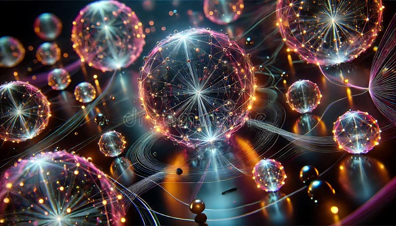 Dynamic Crystal Spheres Encased in Glowing Neon Threads, Suspended Over ...