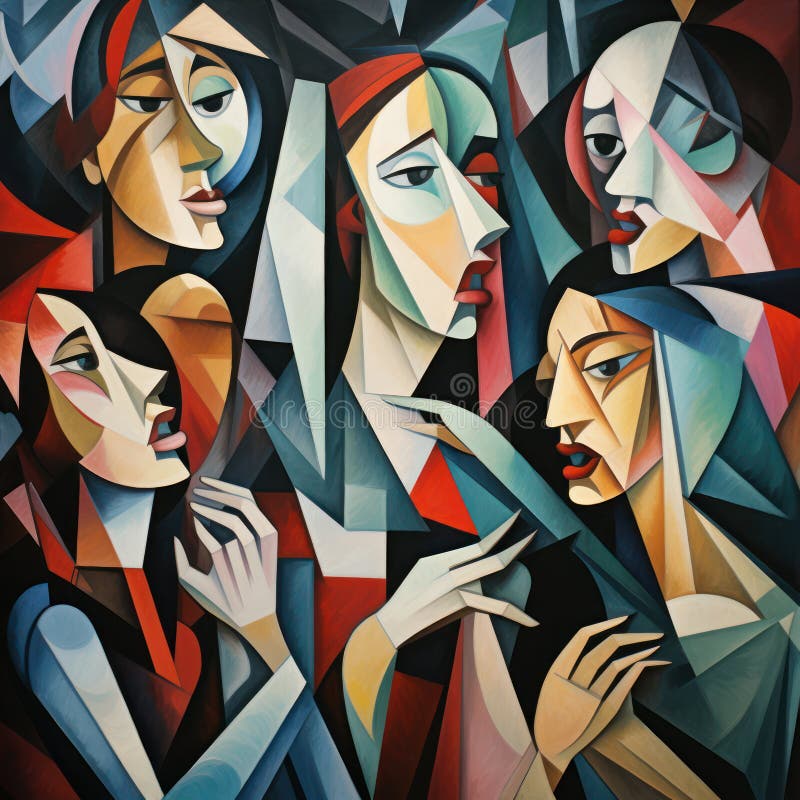 A Dynamic Cubist Artwork Depicting a Conversation among Abstract Female ...
