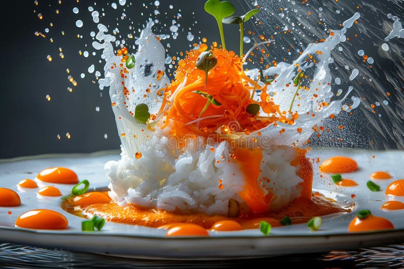 Dynamic Culinary Presentation of Gourmet Dish with Splashing Sauce on ...