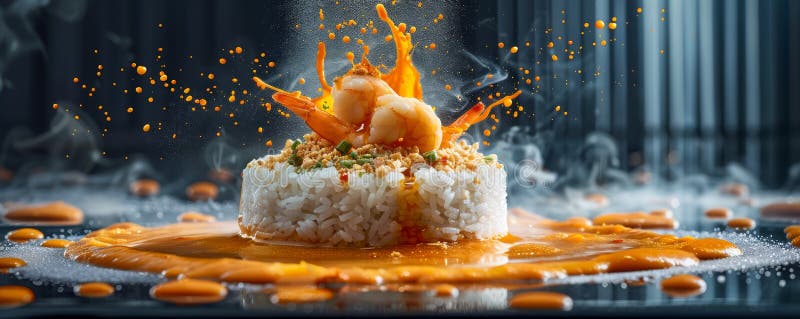 Dynamic Culinary Presentation of Rice Dish with Splashing Orange Sauce ...