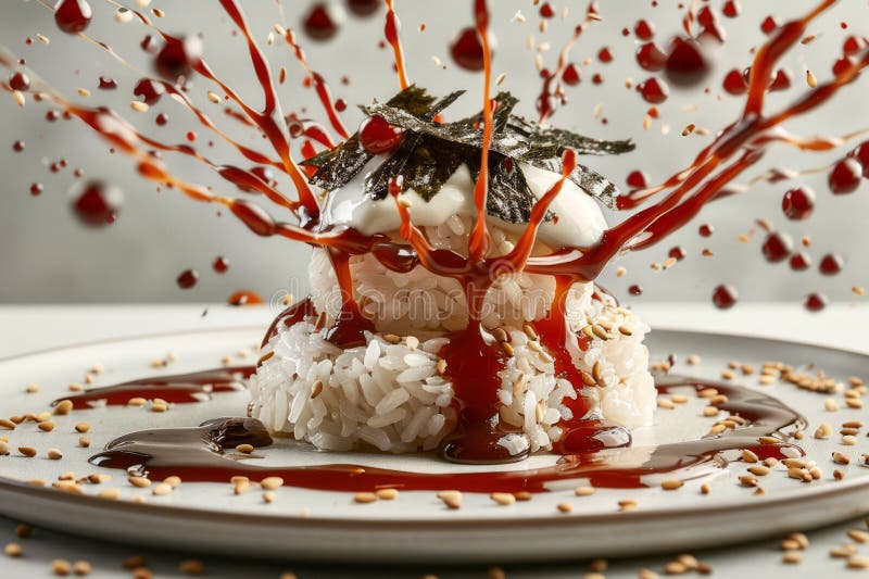 Dynamic Culinary Presentation of Rice, Herbs, and Sauce Splashing on ...