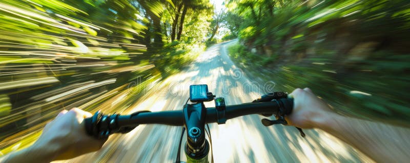 Dynamic Cycling Experience on a Sunlit Forest Pathway Captured from a ...