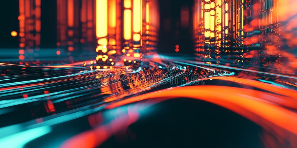 A Dynamic 3D Abstract Background Showcasing Floating Digital Structures, Glowing Waveforms, and ...